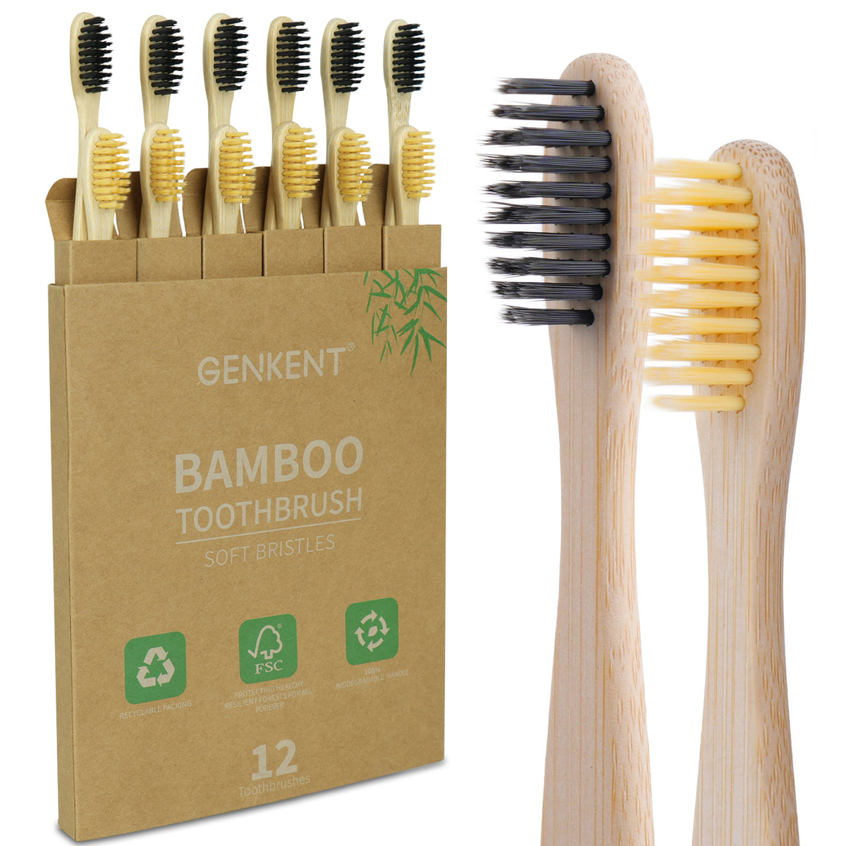 GENKENT Bamboo Toothbrushes, 12 Pack BPA Free Soft Bristles Toothbrush ...